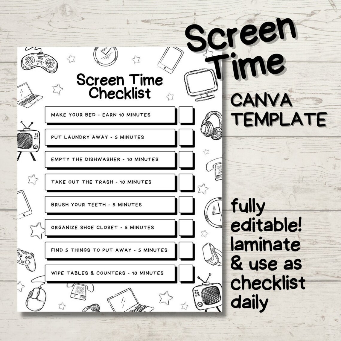 Screen Time Chore List Canva Template Kid's to Do List - Etsy