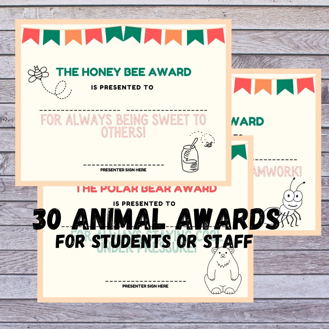 Animal Awards Certificates for Staff or Students - 30 Class Awards ...