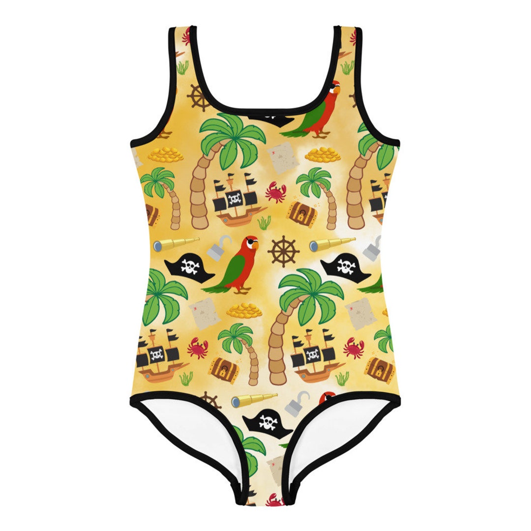 Pirate Girls One Piece Swimsuit - Pirate Ship & Palm Tree Colorful ...