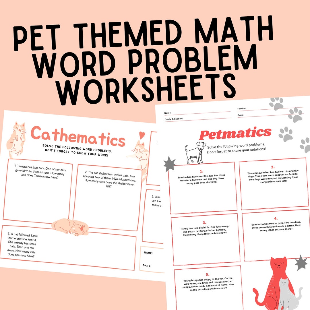Math Word Problems Worksheet - Cat Pet Math School Worksheets - Grade ...