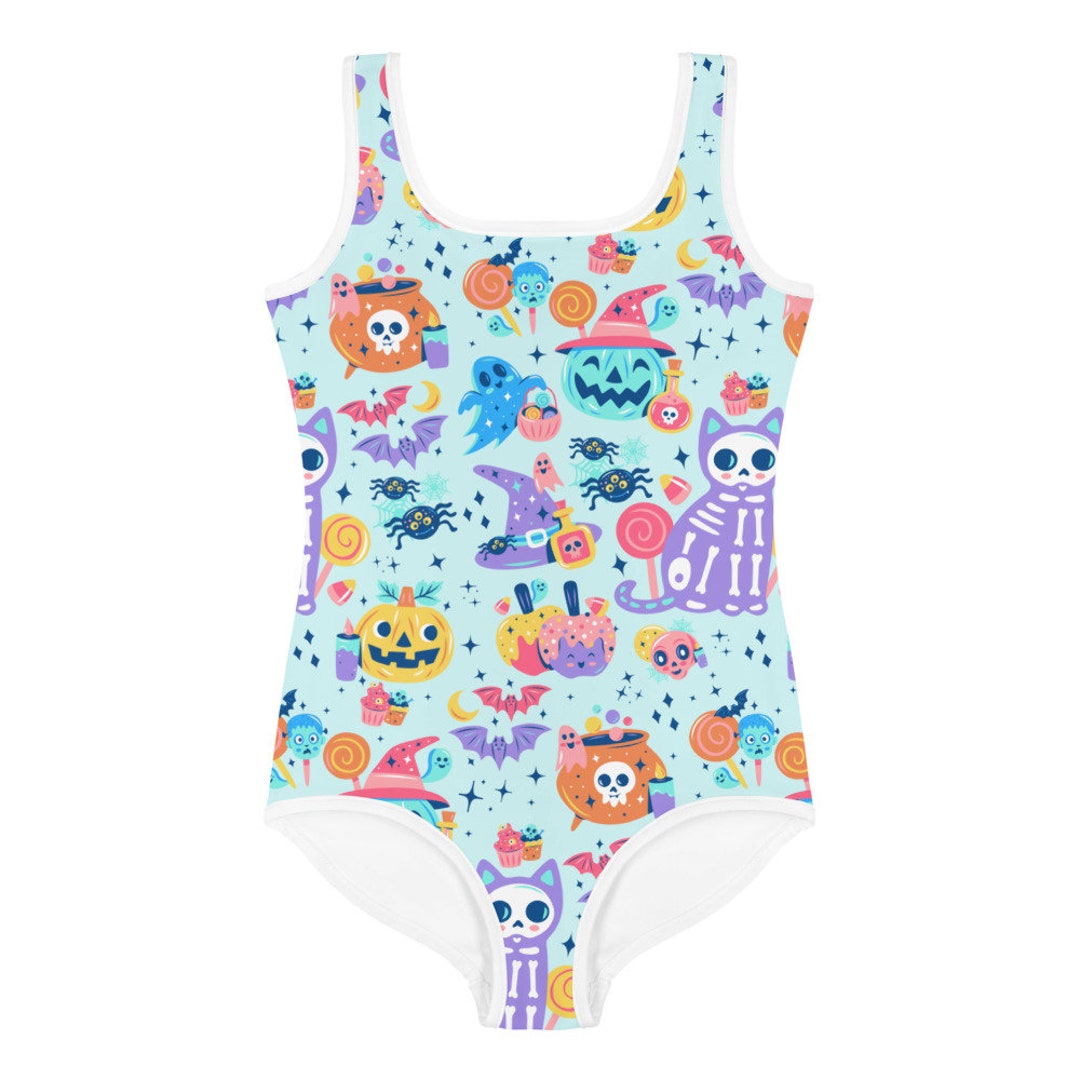 Spooky Youth Swimsuit - Halloween Girls Bathing Suit - Scary Cat, Bat ...