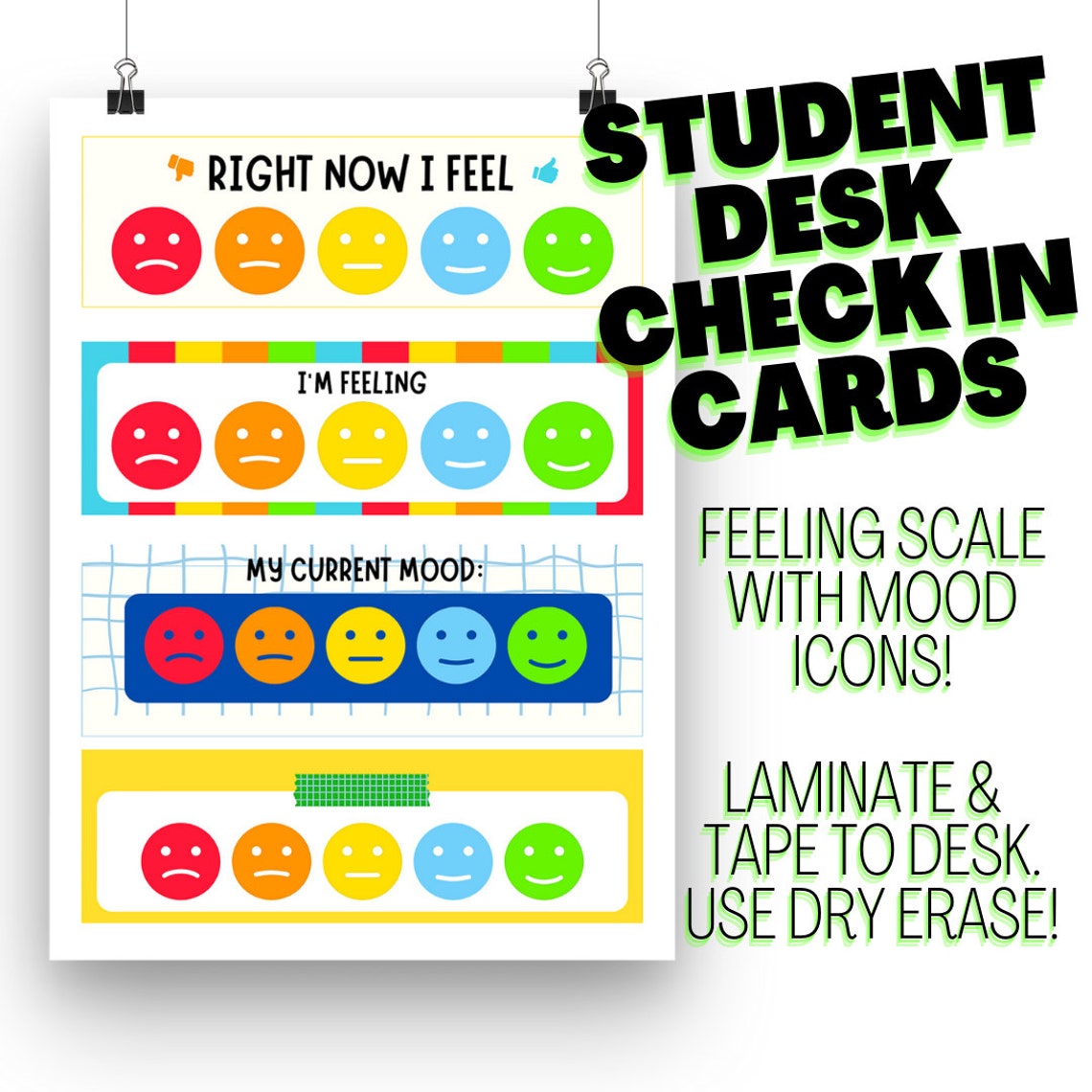 Student Desk Cards Check in Printable - Feeling Scale Emotional Check ...