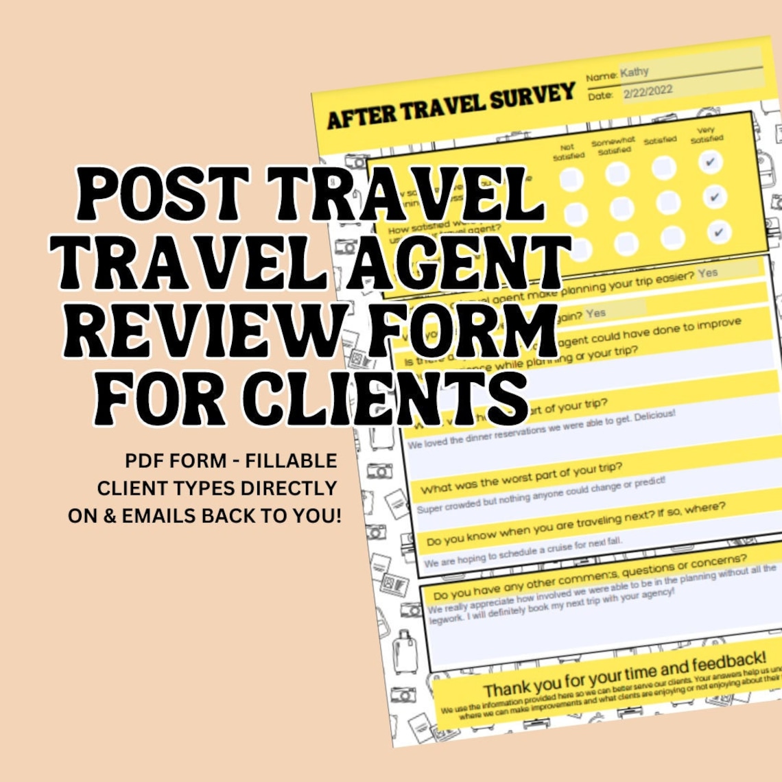 Travel Agent Client Review Post Travel Form - Fillable PDF Digital ...