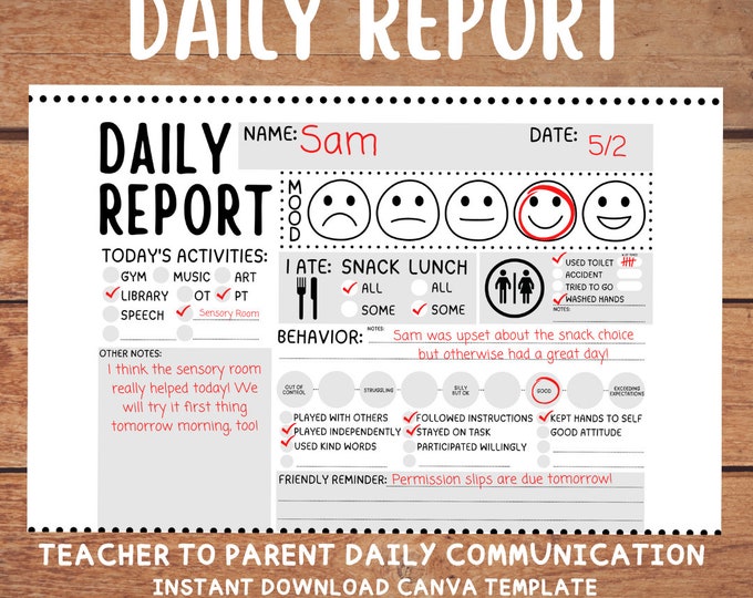 Daily Student Report Canva Template IEP Teacher Parent Communication ...