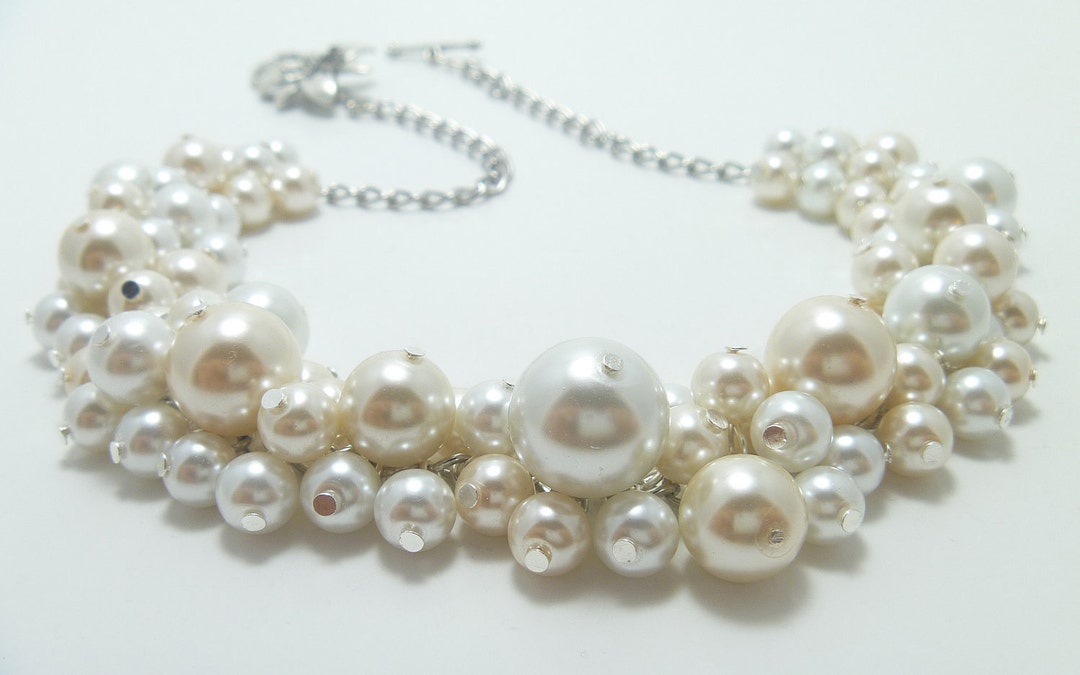 Ivory and White Cluster Necklace, Pearl Necklace, Bridal Jewelry, off ...
