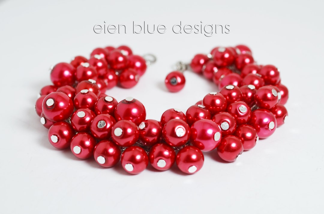 Red Pearl Bracelet, Red Cluster Bracelet, Cherry Red Chunky Bracelet ...