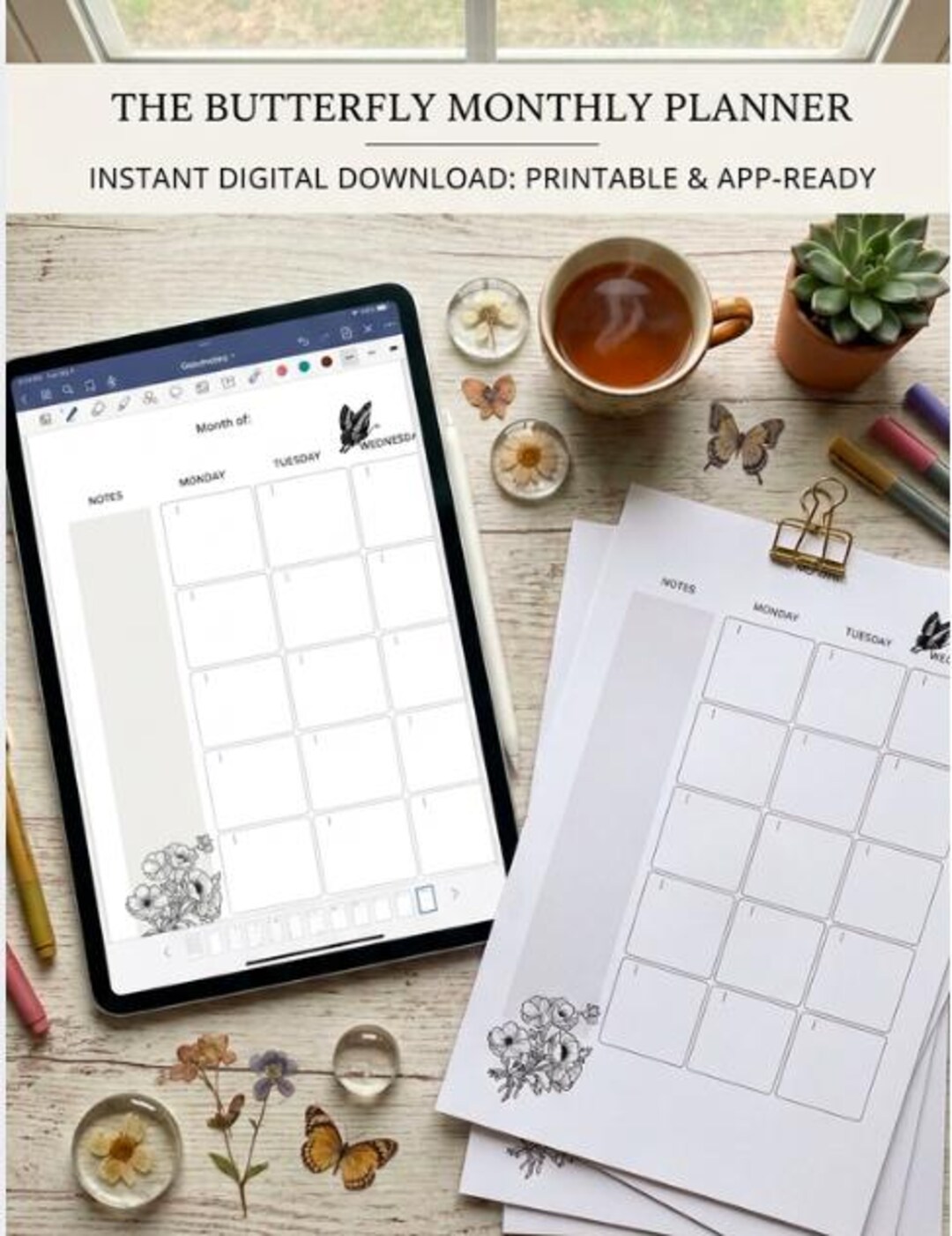 Butterfly Monthly Planner | Minimalist Digital Organizer (A5, US Letter ...
