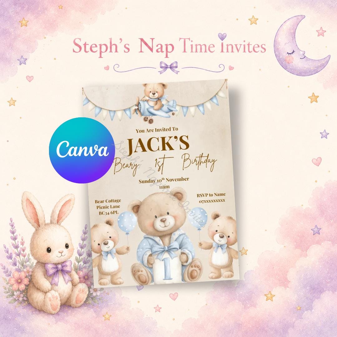 Teddy Bear 1st Birthday Invitation Editable A6 Printable Digital ...