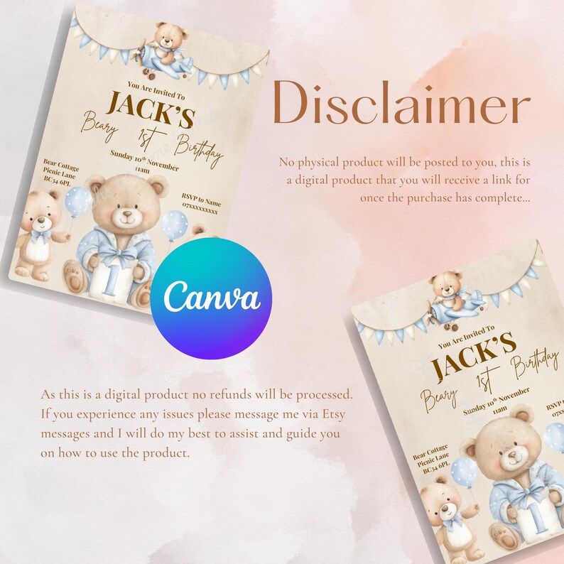 Teddy Bear 1st Birthday Invitation Editable A6 Printable Digital ...