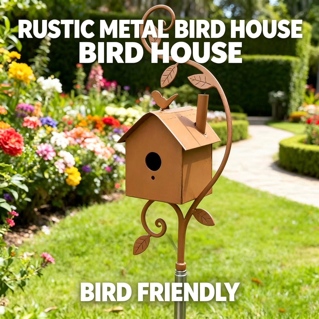 Metal Bird House Garden Stake, Rustic Outdoor Birdhouse, Decorative ...