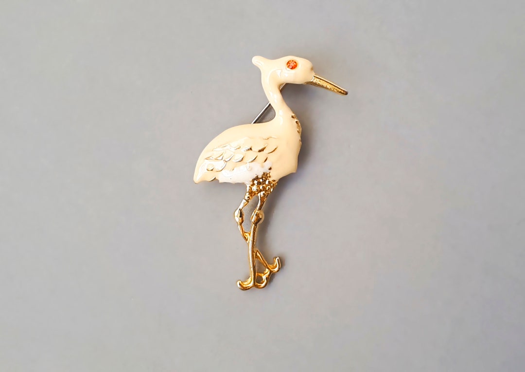Vintage Cream Enamel Stork Heron Gold Tone Brooch, Costume Jewelry Pin ...