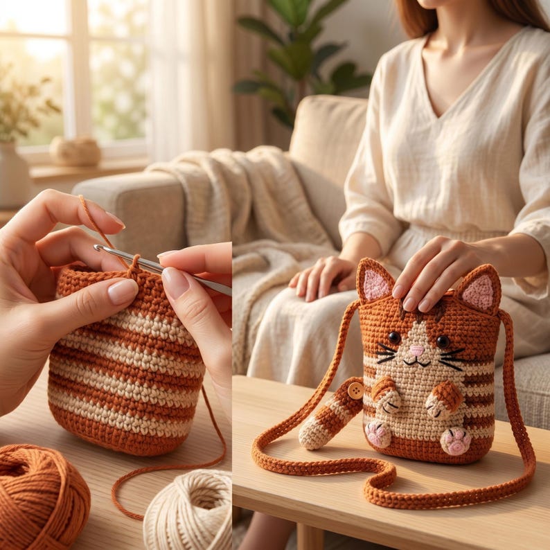 Crochet Bag Pattern – Cute Cat Crossbody Bucket Bag,bag Crochet ...