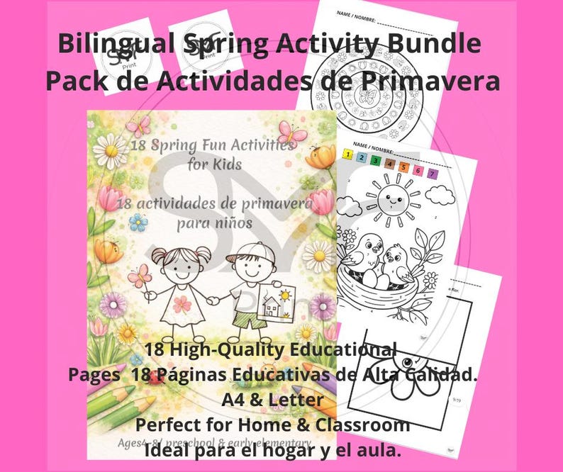 Bilingual Spring Activity Pack, Kids Coloring Pages, Mazes, Color by ...