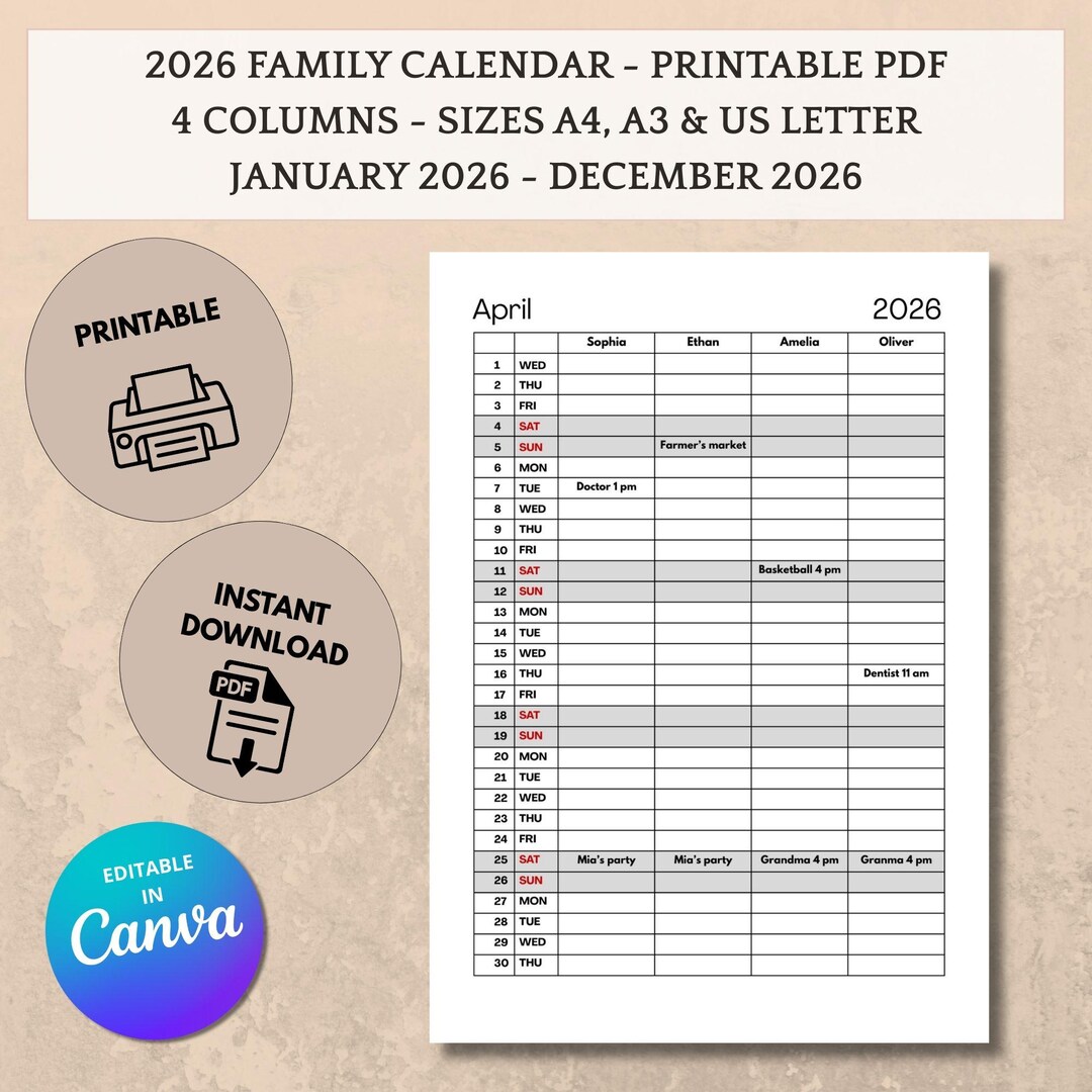2026 Family Calendar - Minimalist 4-column Monthly Calendar (digital ...