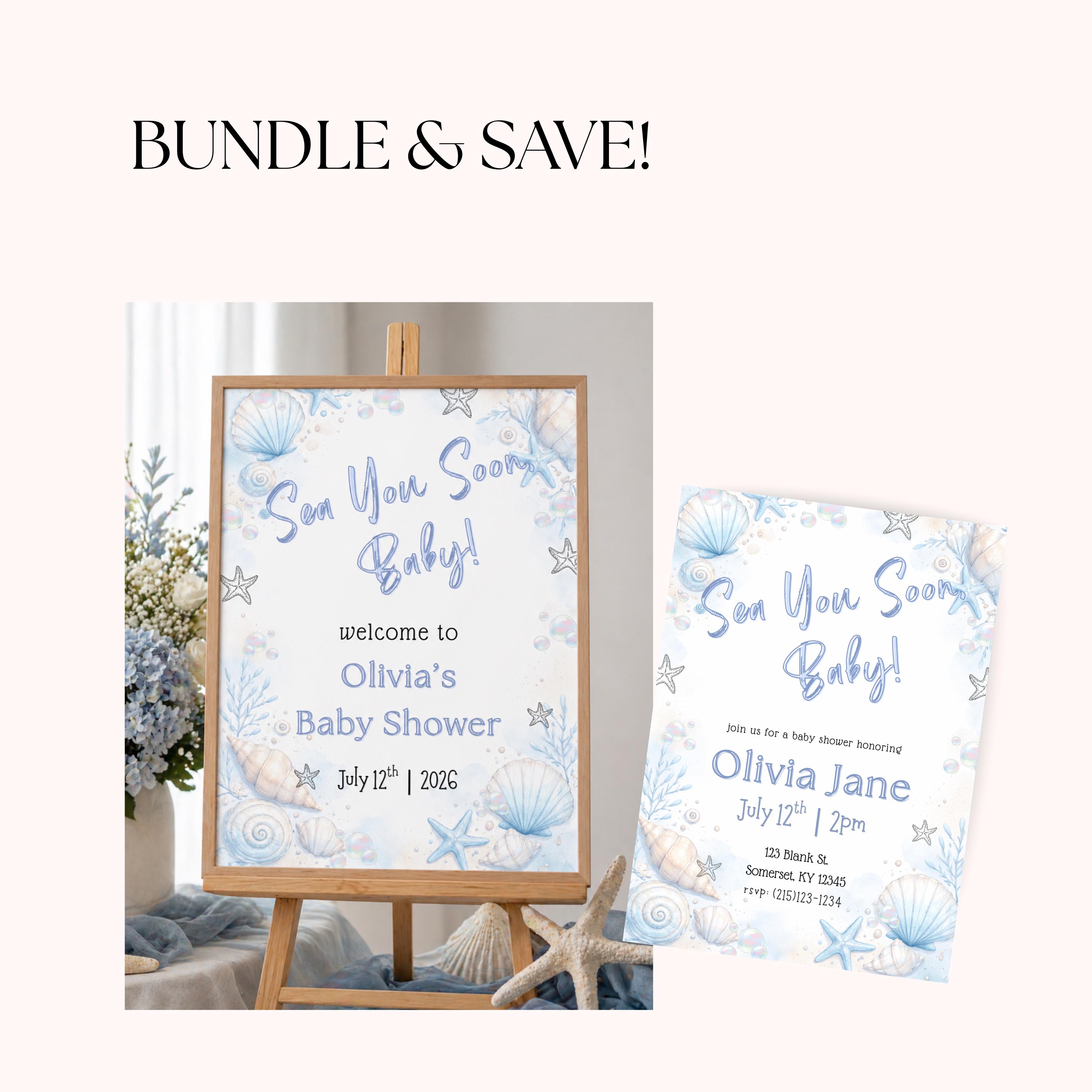 Editable Pastel Blue Seashell | Coastal | Ocean Themed Baby Shower ...