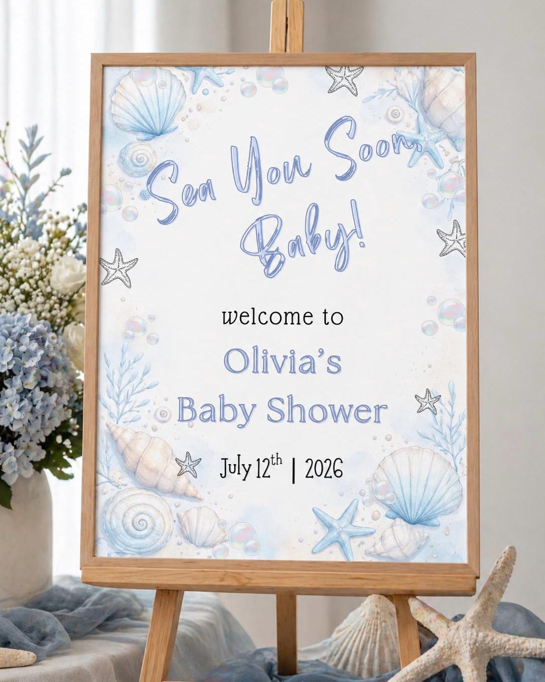 Editable Pastel Blue Seashell | Coastal | Ocean Themed Baby Shower ...