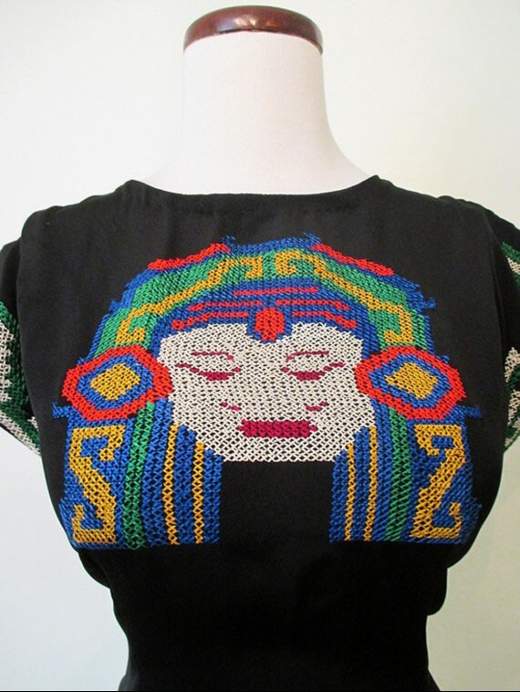 Awesome 1940s Black Crepe Hand Embroidered Aztec Moti… - Gem