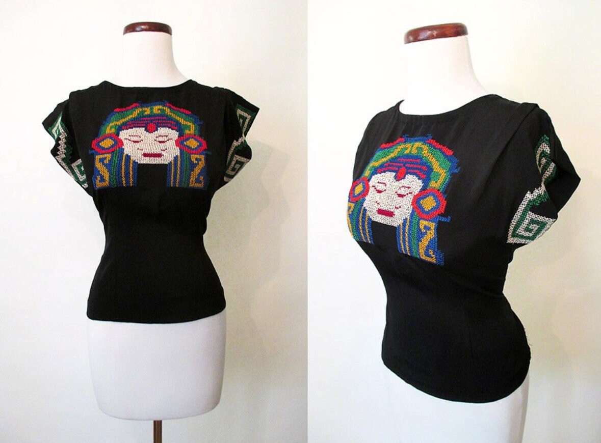 Awesome 1950s Black Crepe Hand Embroidered Aztec Motif Blouse - Etsy