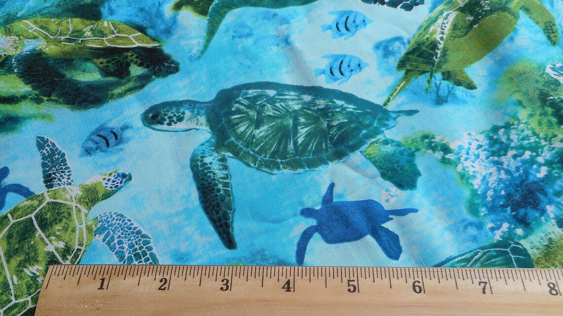 Brand New Blue and Green Turtle Fabric 18" X 44" 100% Cotton (half Yard ...