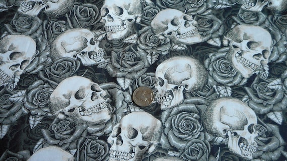 Brand New Gray Roses and Skulls Fabric 100% Cotton 18 Inches X - Etsy