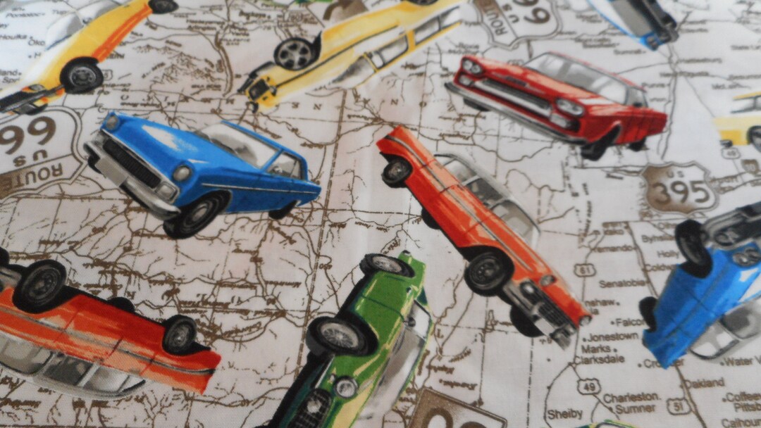 Brand New Cars and Route 66 Road Map Fabric 100% Cotton 18" X 44" (half ...