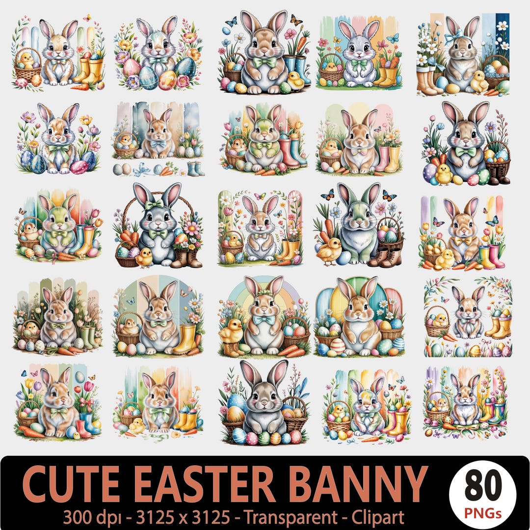 Easter Bunny Watercolor Clipart Bundle PNG Collection - Etsy