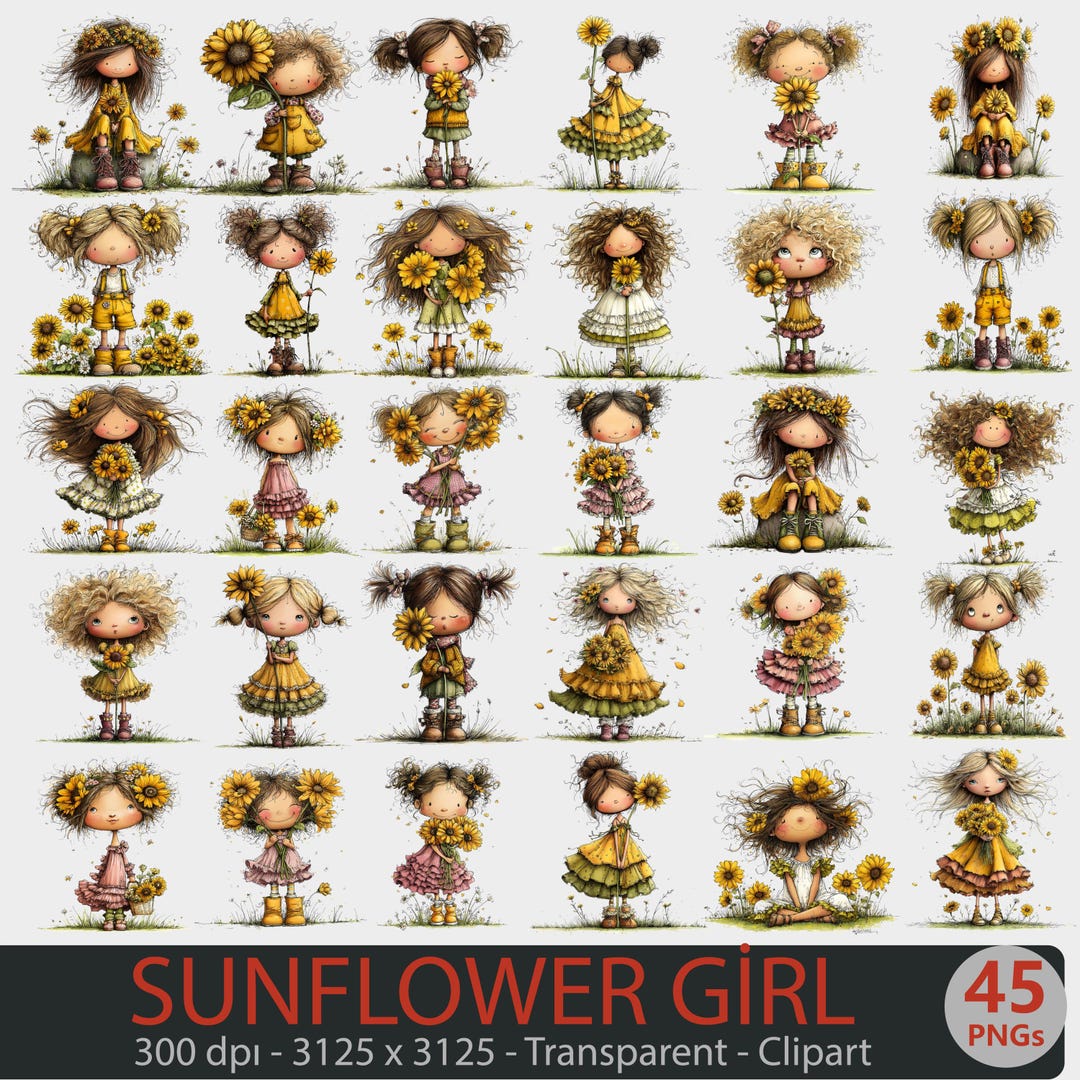 Sunflower Girl Watercolor Clipart Bundle 45 PNG - Etsy