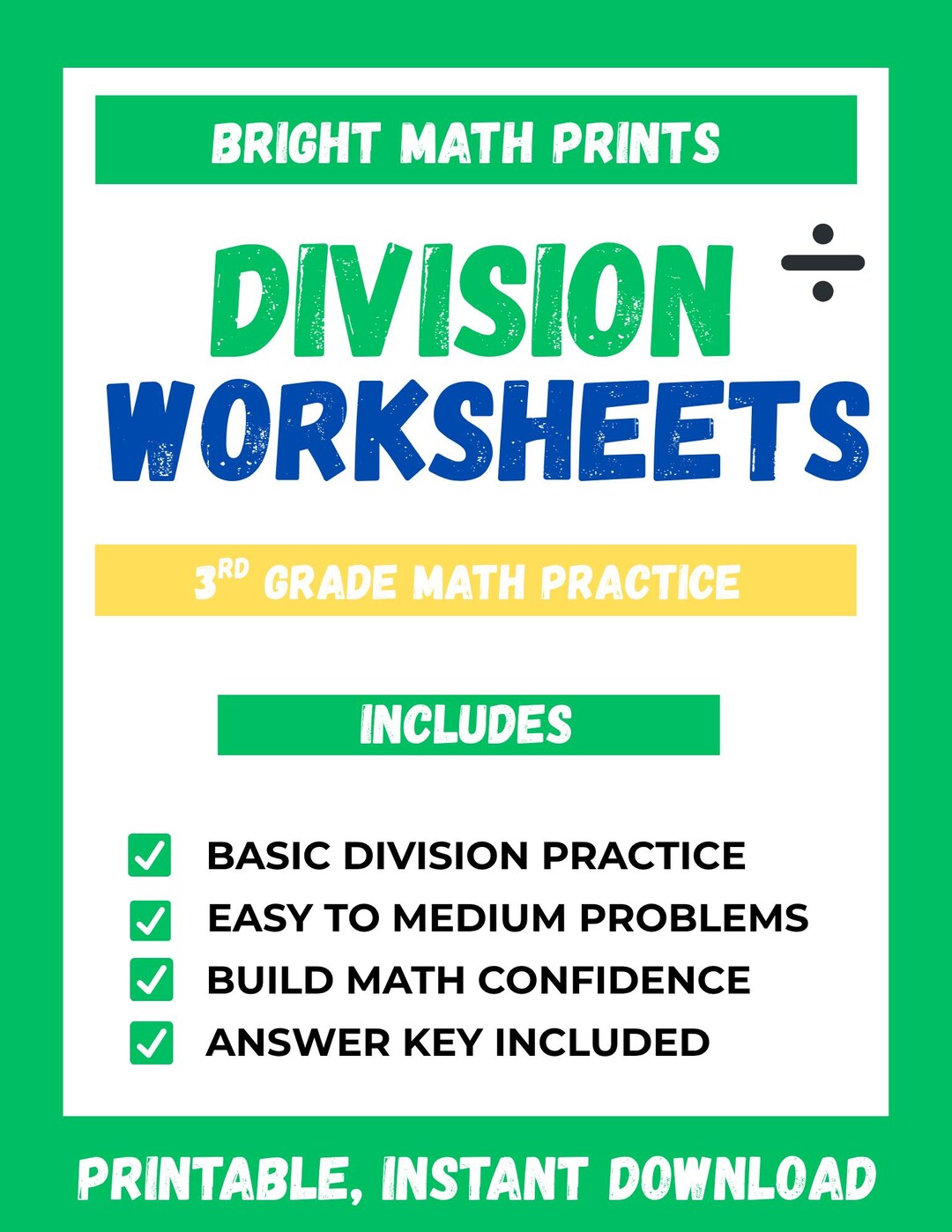 3rd Grade Division Worksheet Packet. Printable Math Worksheet, Basic ...
