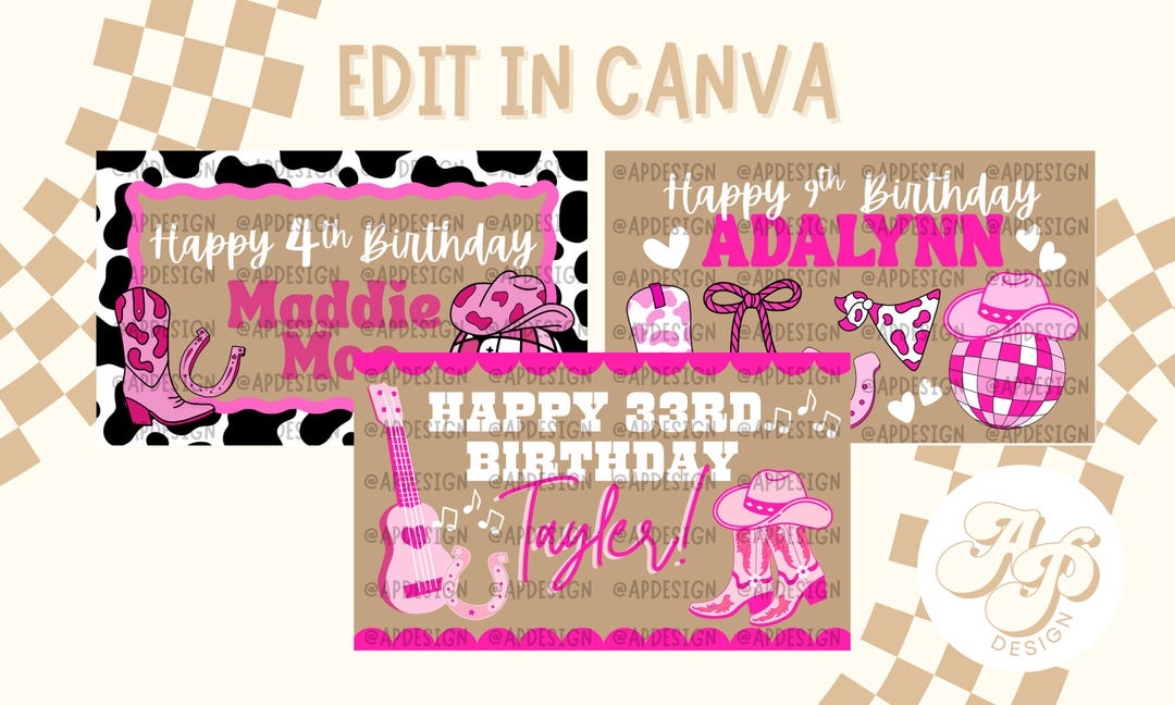 Pink Cowgirl Banner Templates | Digital File Only | Disco Cowgirl Theme ...
