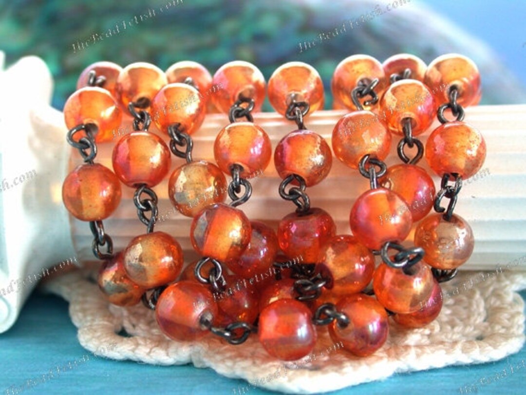 5 Feet ~ 6mm Rosary Chain, Orange Copper Honey Luster Lampwork Glass ...