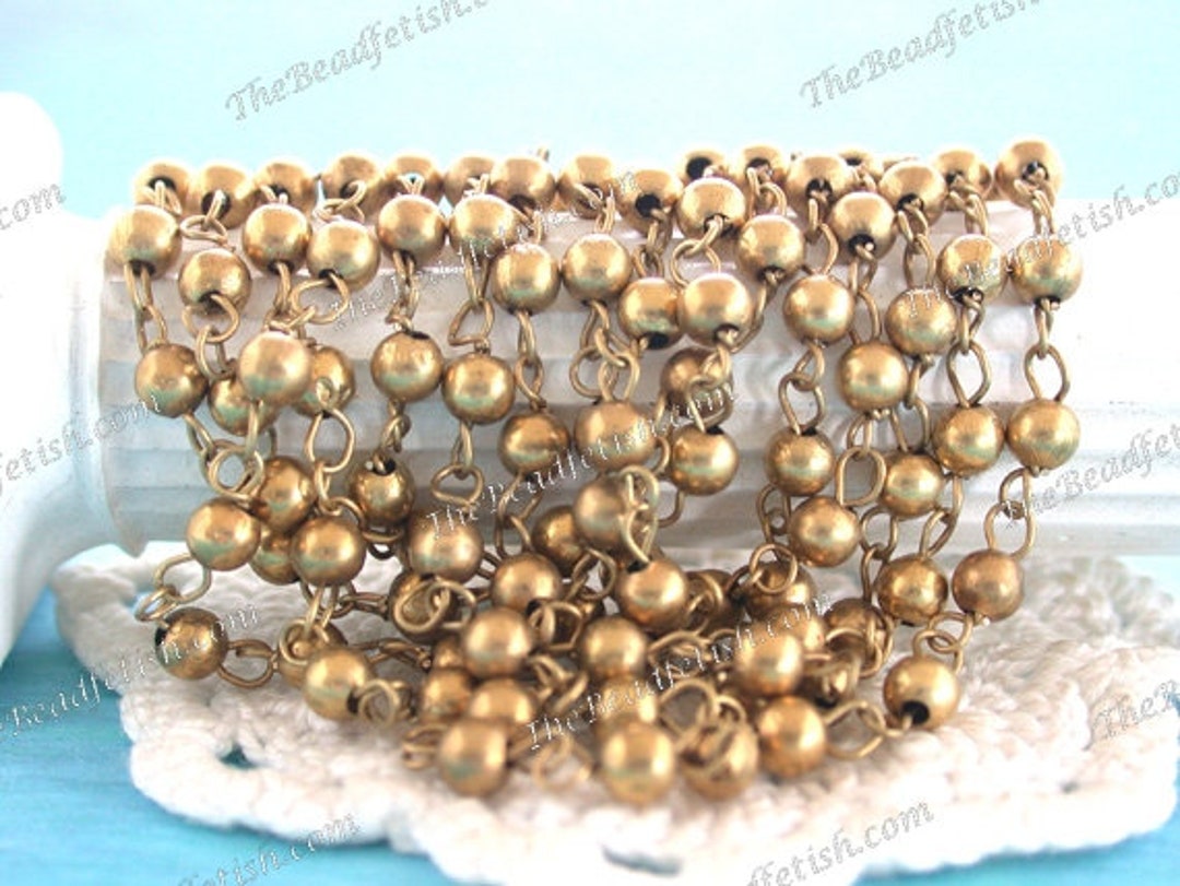 5 Feet ~ 4mm Beaded Chain, Raw Brass Beads & Raw Brass Chain, Boho ...