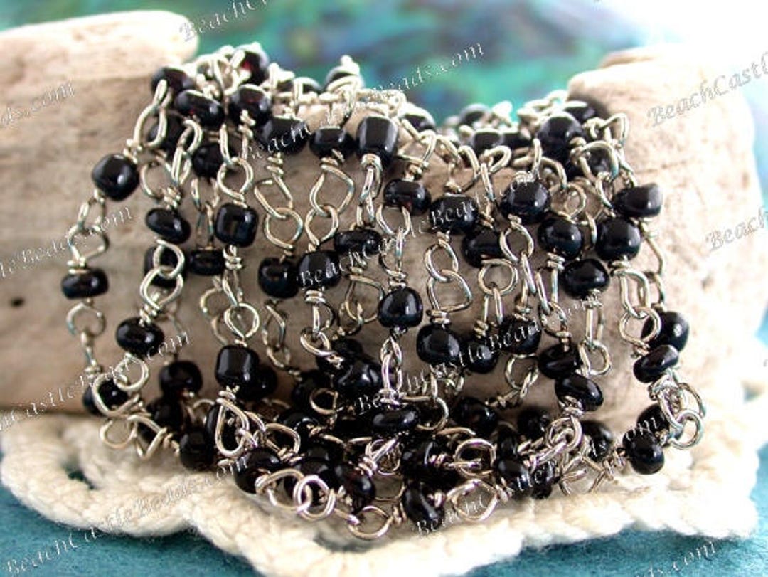 5 Feet ~ Beaded Chain, Black Bead Silver Chain, Hand Crafted Black ...