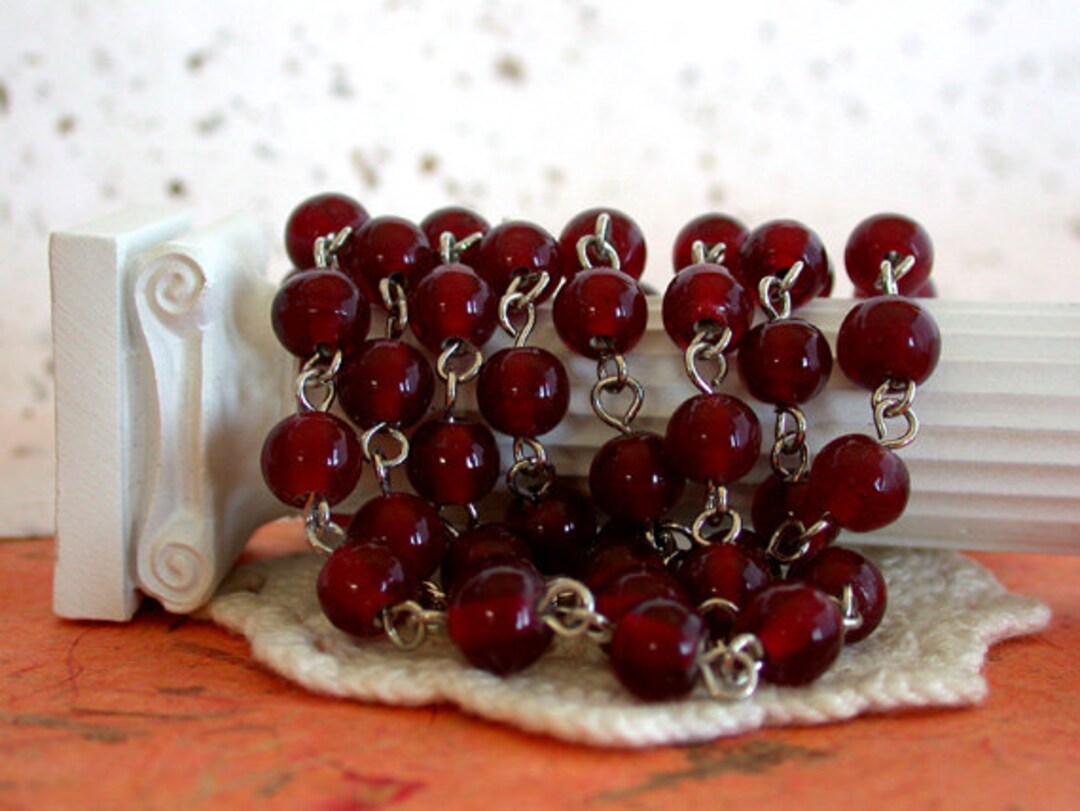 5 Feet ~ 6mm Rosary Chain, Beaded Chain, Ruby Red Bead & Nickle Silver ...