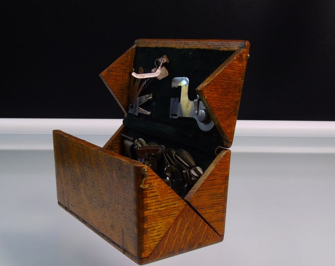 Antique 1889 Singer Puzzle Box Sewing Machine Attachments Storage Tiger ...