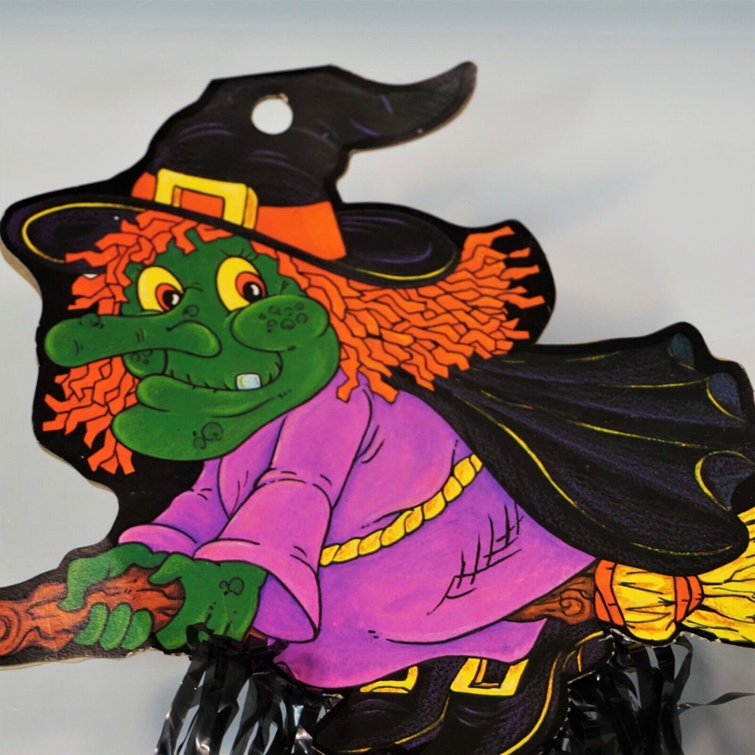 Halloween Flying Witch on Broomstick Black Fringe Vintage Cardboard Die ...