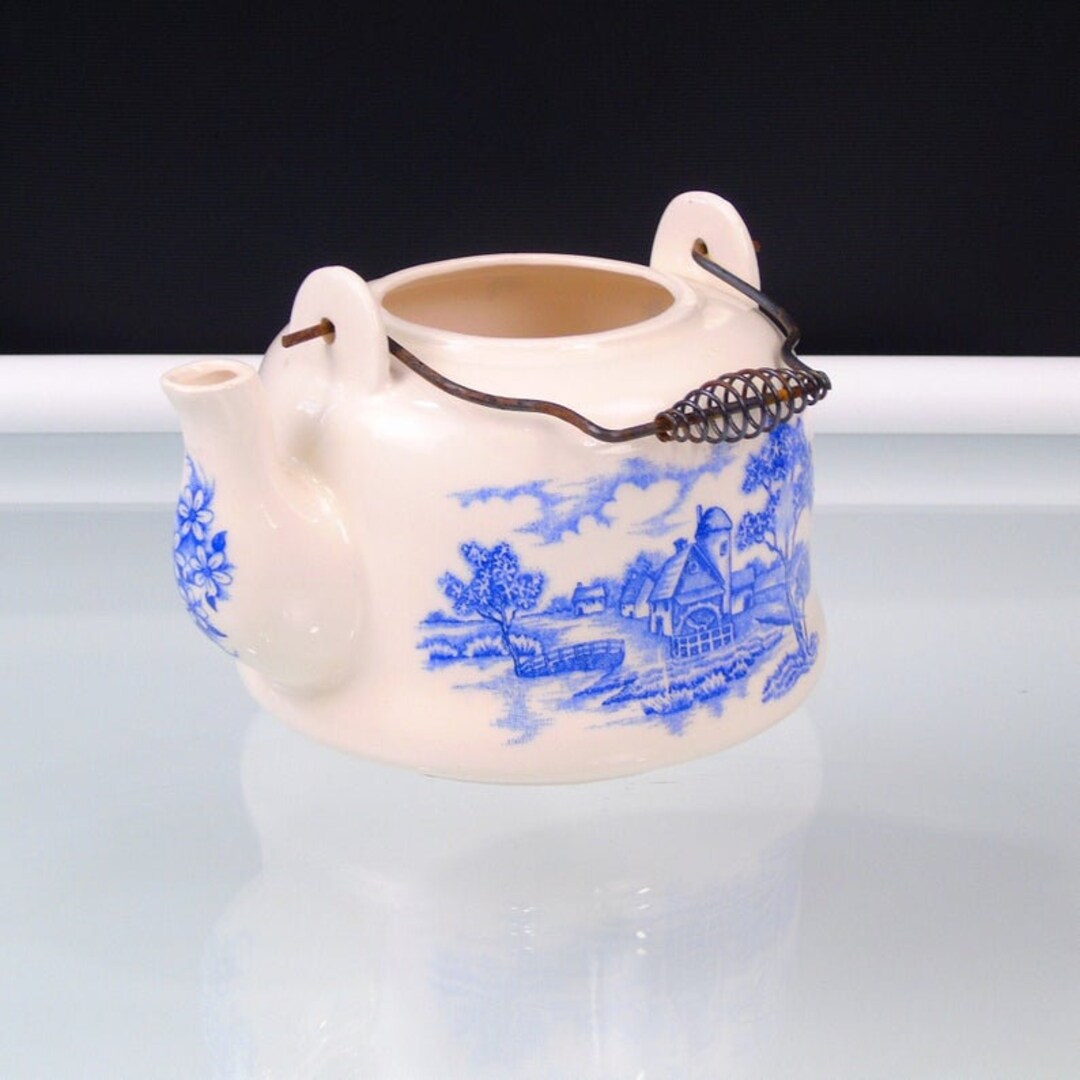 Vintage Tole Print Kettle Watermill Scene 1980s Nevco Japan White and ...