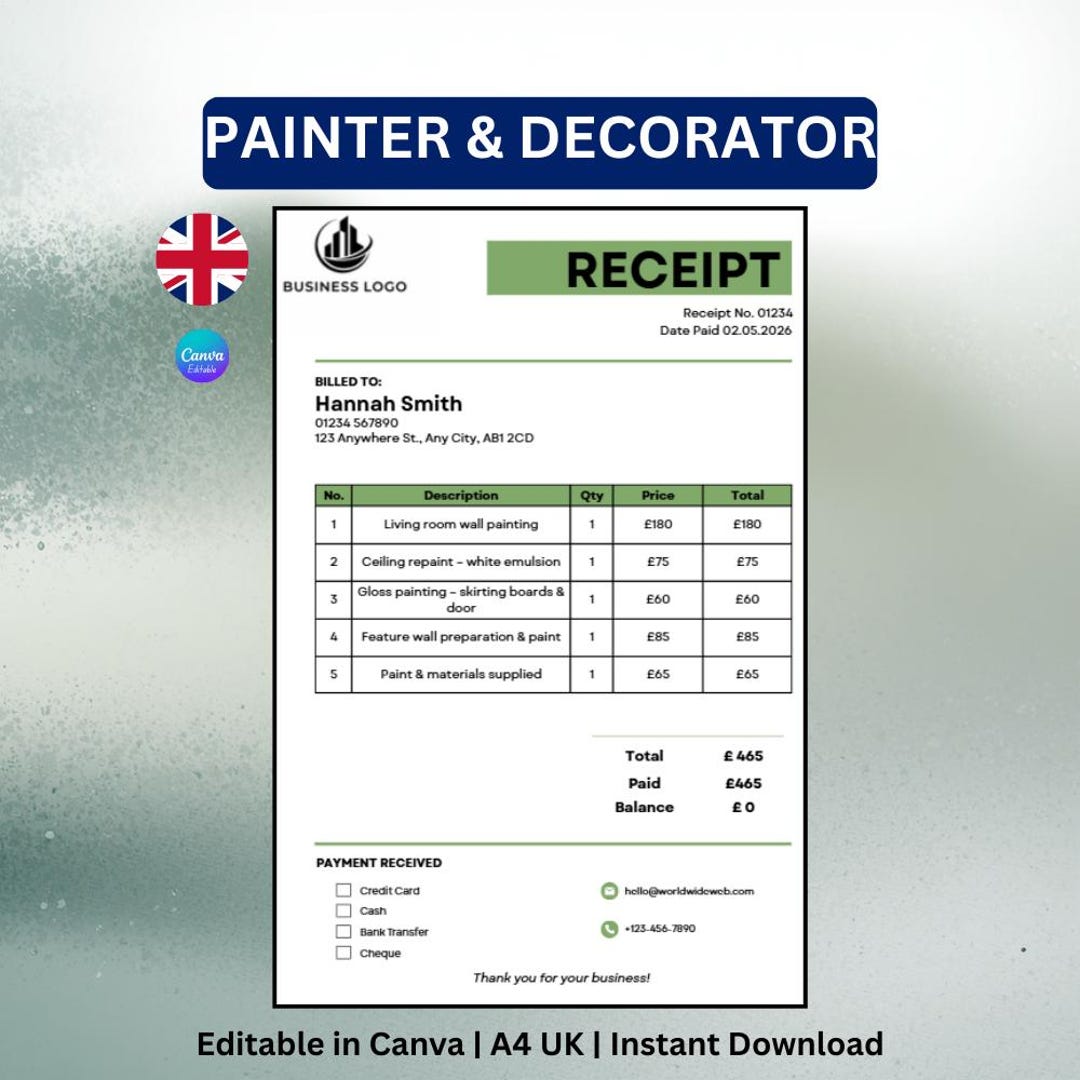 Painter and Decorator Receipt Template UK | Editable Canva Receipt ...