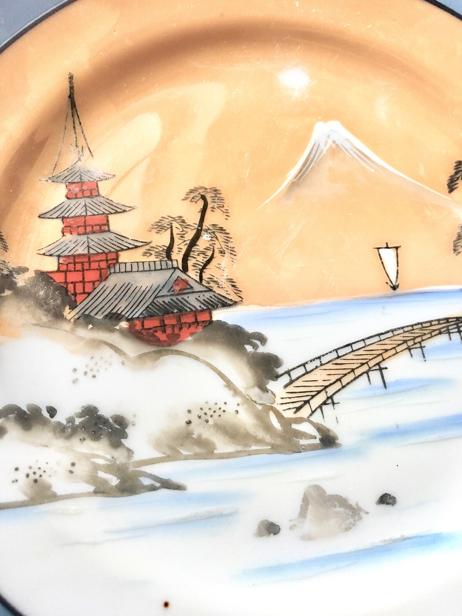 Japanese Lusterware Plate With Pagoda, Bridge, Boat and Mountain - Etsy