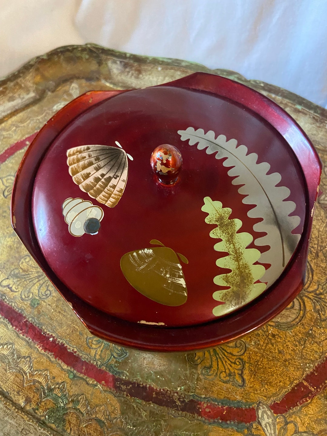 Vintage Japanese Red Lacquer Lidded Box Hand Painted Sea Shells ...