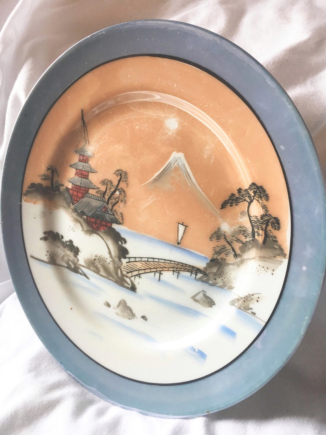 Japanese Lusterware Plate With Pagoda, Bridge, Boat and Mountain - Etsy