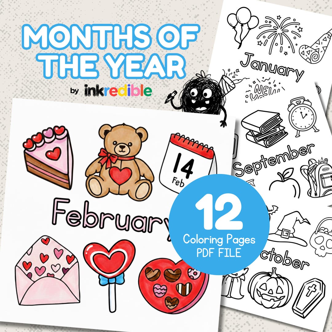 Months of the Year Coloring Pages for Kids, 12 Easy Monthly Coloring ...