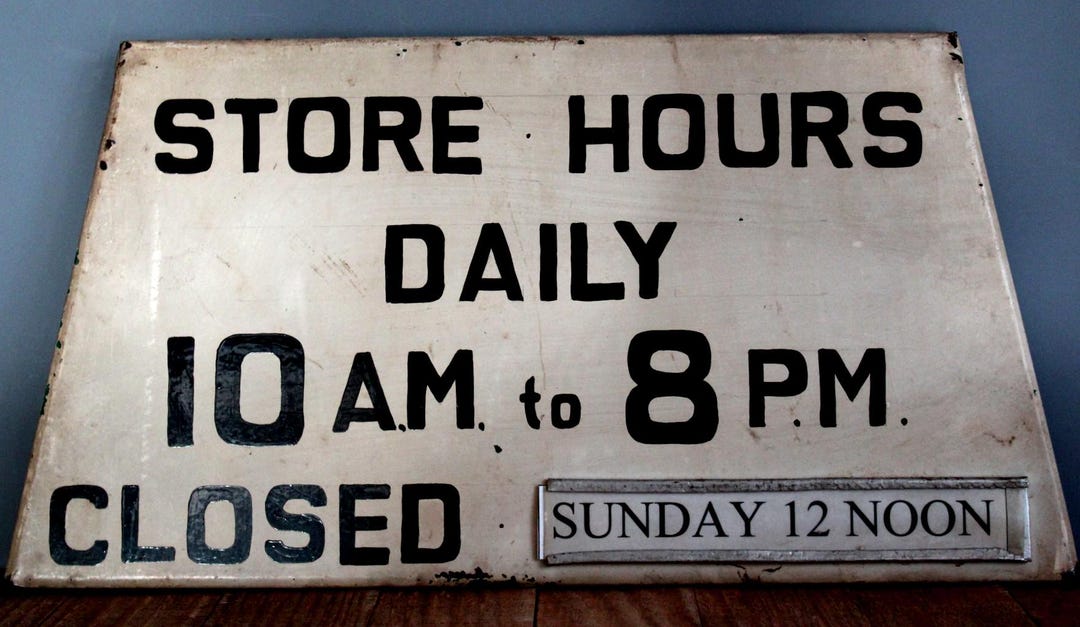 Vintage Tin Store Hours Sign Done in Cream With Black Lettering With ...