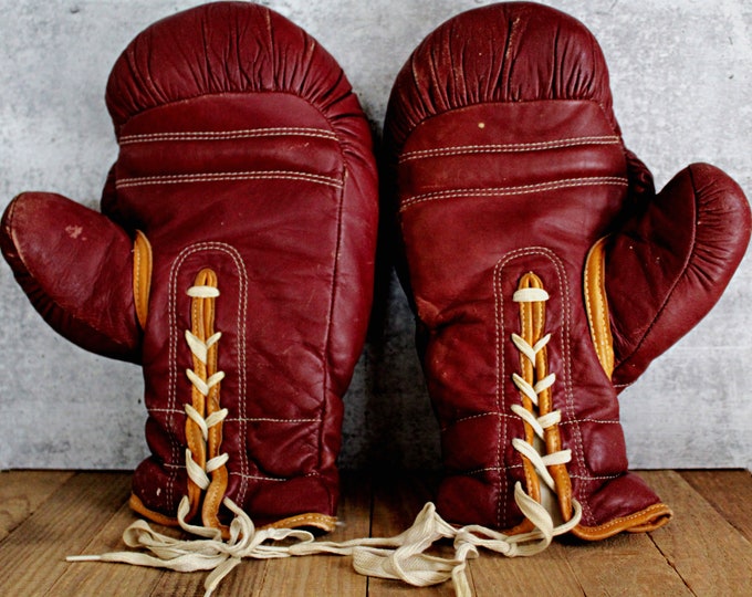 Vintage Large 1950s Leather Boxing Gloves, Photo Prop, Man Cave Decor ...