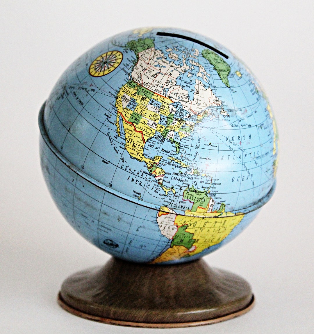 Vintage Tin World Globe Bank so Popular in the 1950's Made by Ohio Art ...