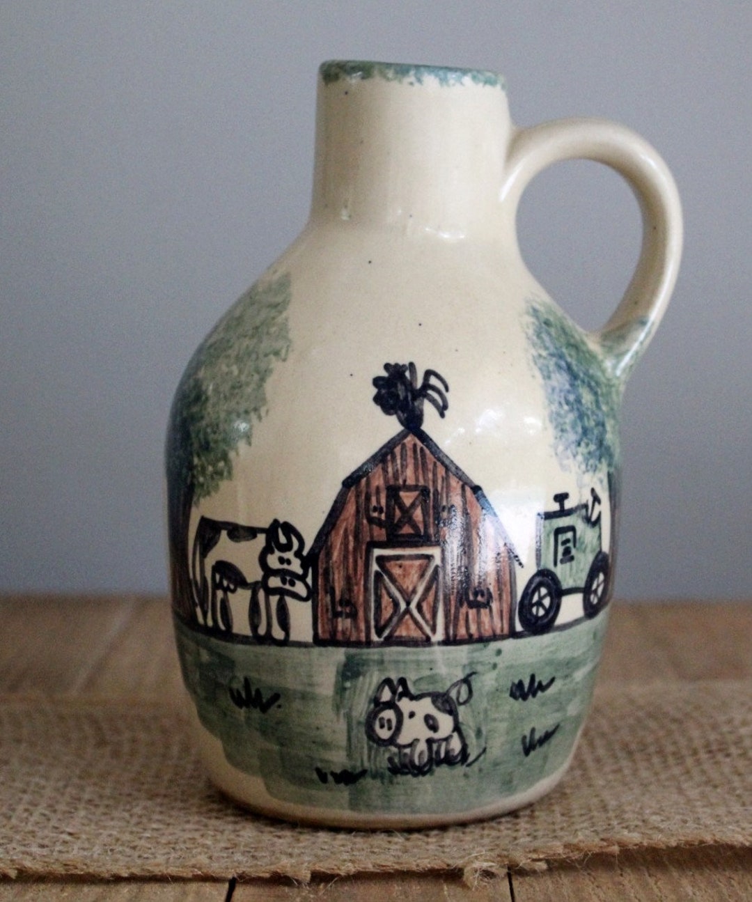 Vintage Sweet Pottery Jug With Hand Painted Farm Scene - Etsy