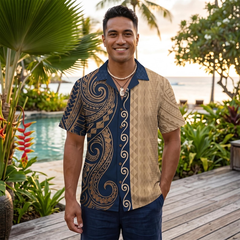 Polynesian Tribal Shirt, Split Color Hawaiian Button Down, Retro Navy ...