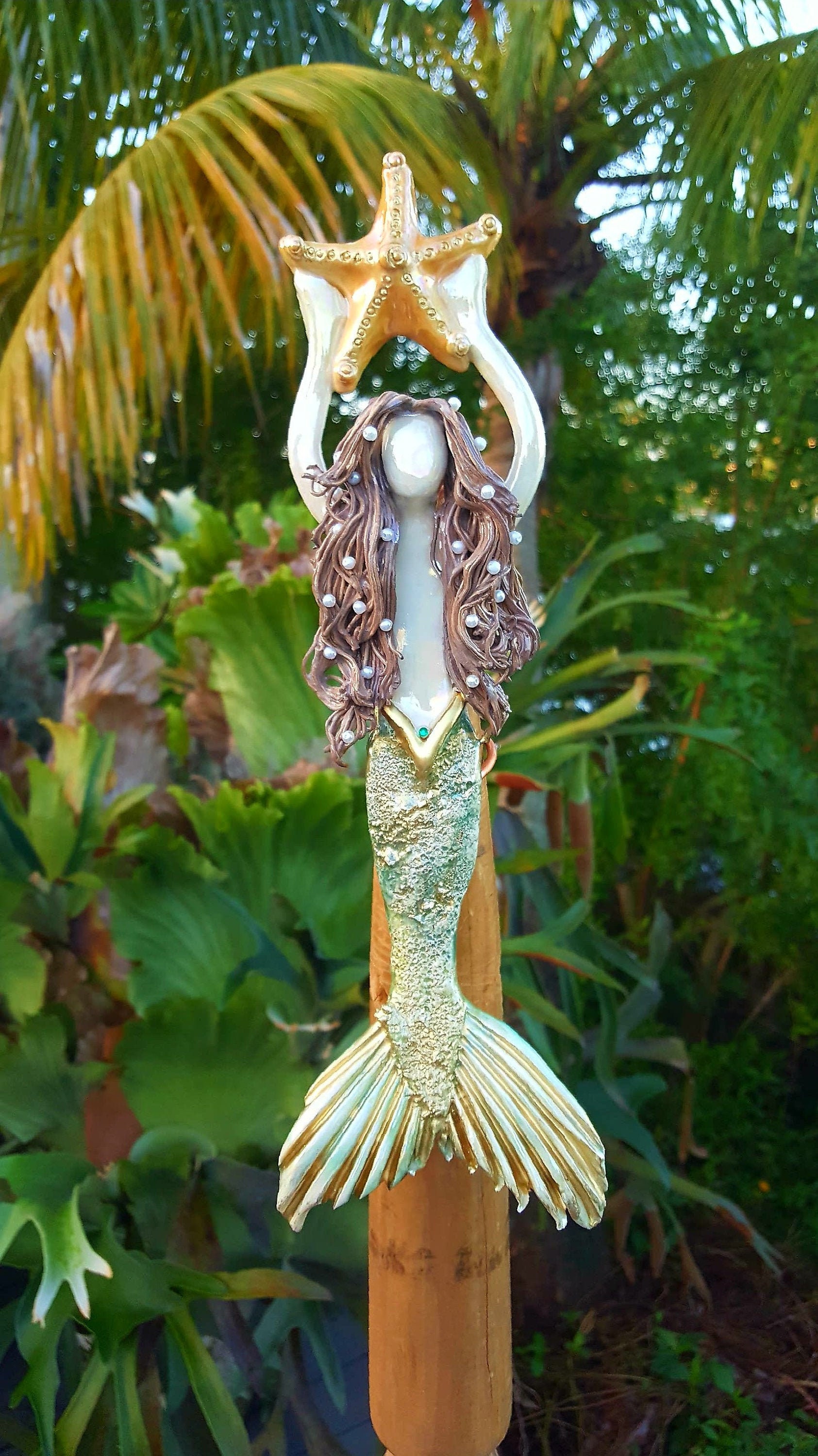 Brunette Mermaid Tree Topper with Golden Sea Star