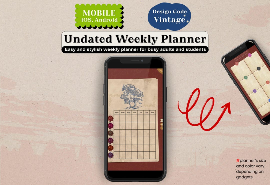 Vintage Undated Digital Weekly Planner Hyperlinked Mobile, Ios Android ...