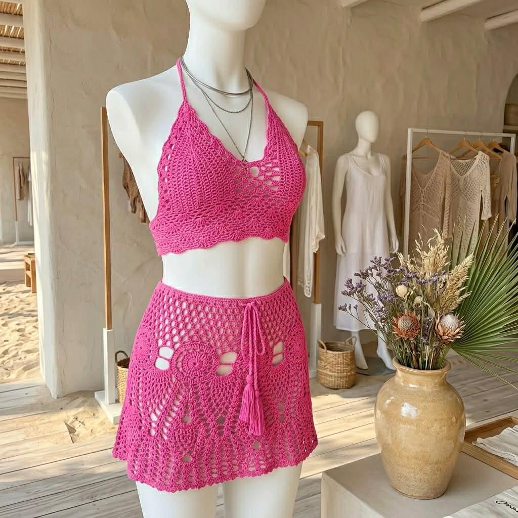Women’s Crocheted Bikini Set – Vintage Halter Two Piece Swimsuit, Boho ...