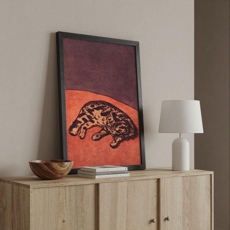 Calico Cat Abstract Painting | Vintage Style Feline Wall Art, Black ...